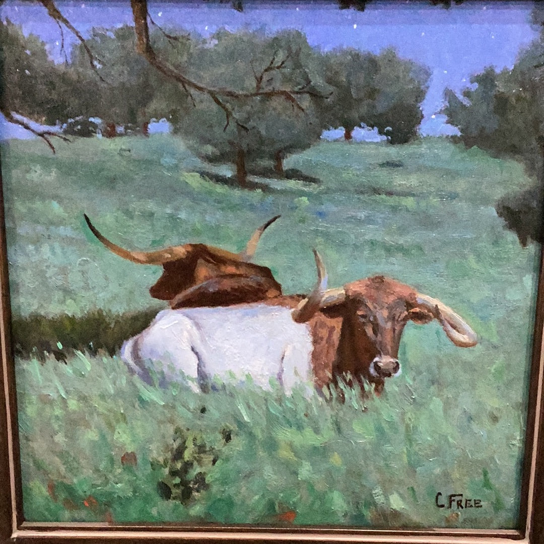 Moonlit Longhorns Oil Painting by Cameron Free – Ben Johnson Cowboy Museum